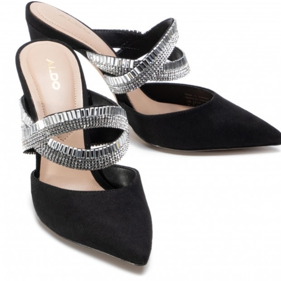 Aldo | Shoes | Aldo Noawia Black Suede Heels Rhinestone Straps Bone ...